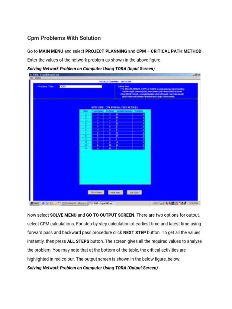 CPM Problems With Solution: Solving Network Problem On Computer Using TORA (Input Screen ...