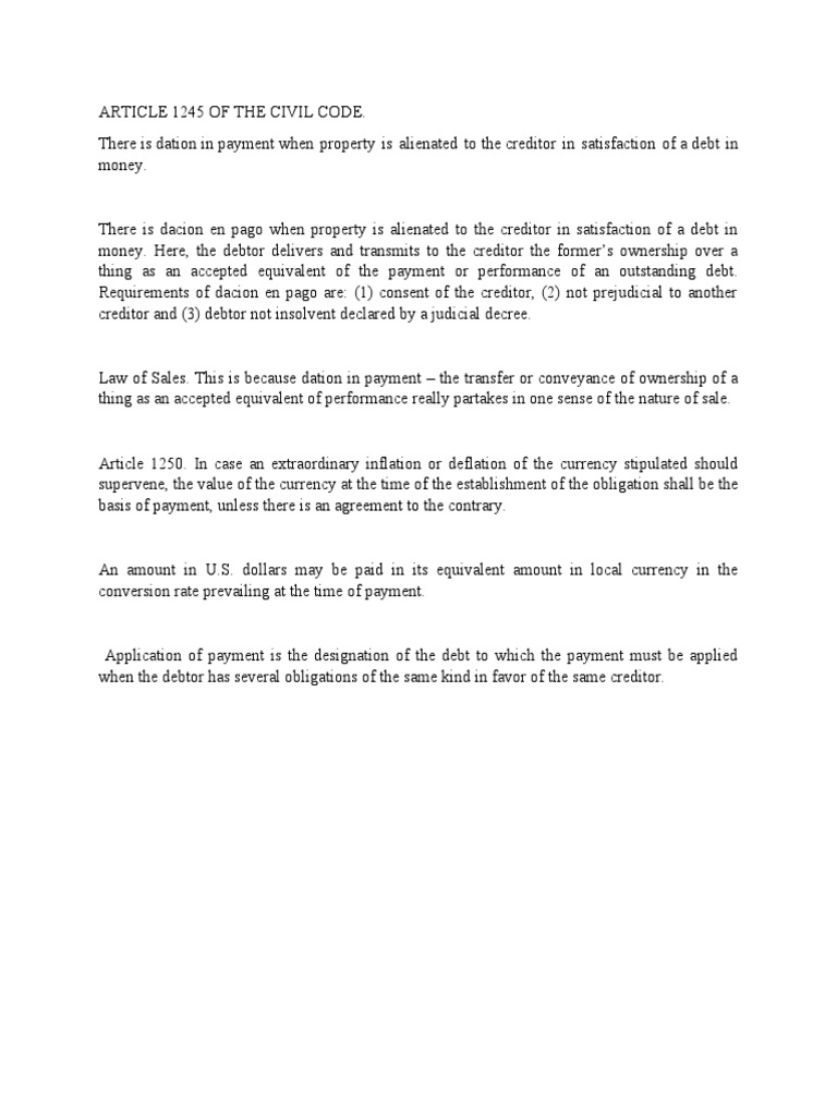 Article 1245 CC - DACION IN PAYMENT | PDF