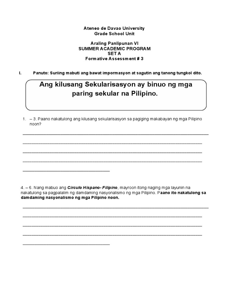 Ang Kilusang Sekularisasyon Ay Binuo NG Mga Paring Sekular Na Pilipino ...