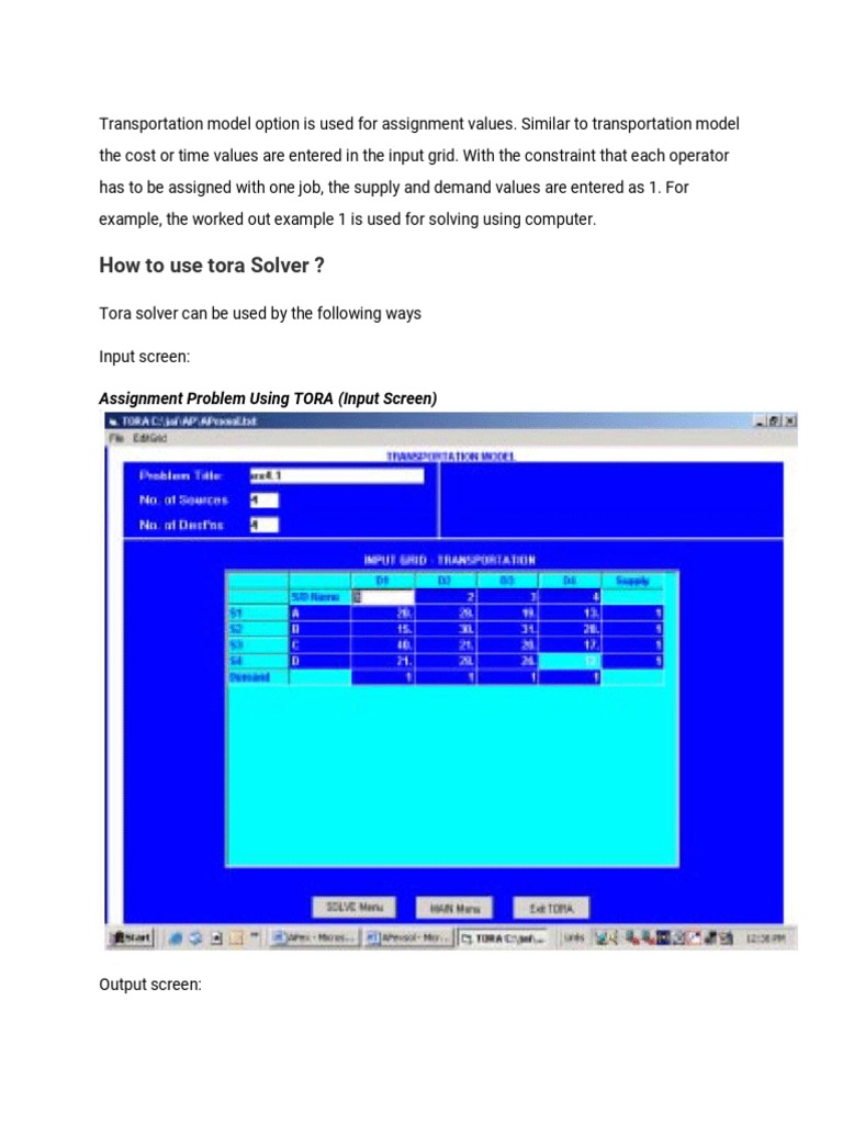 How To Use Tora Solver ?: Assignment Problem Using TORA (Input Screen ...