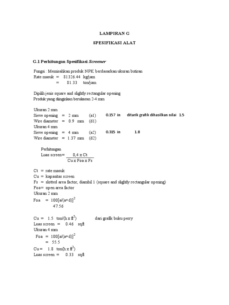 Specification and Design Calculations for a Screener to Separate NPK ...