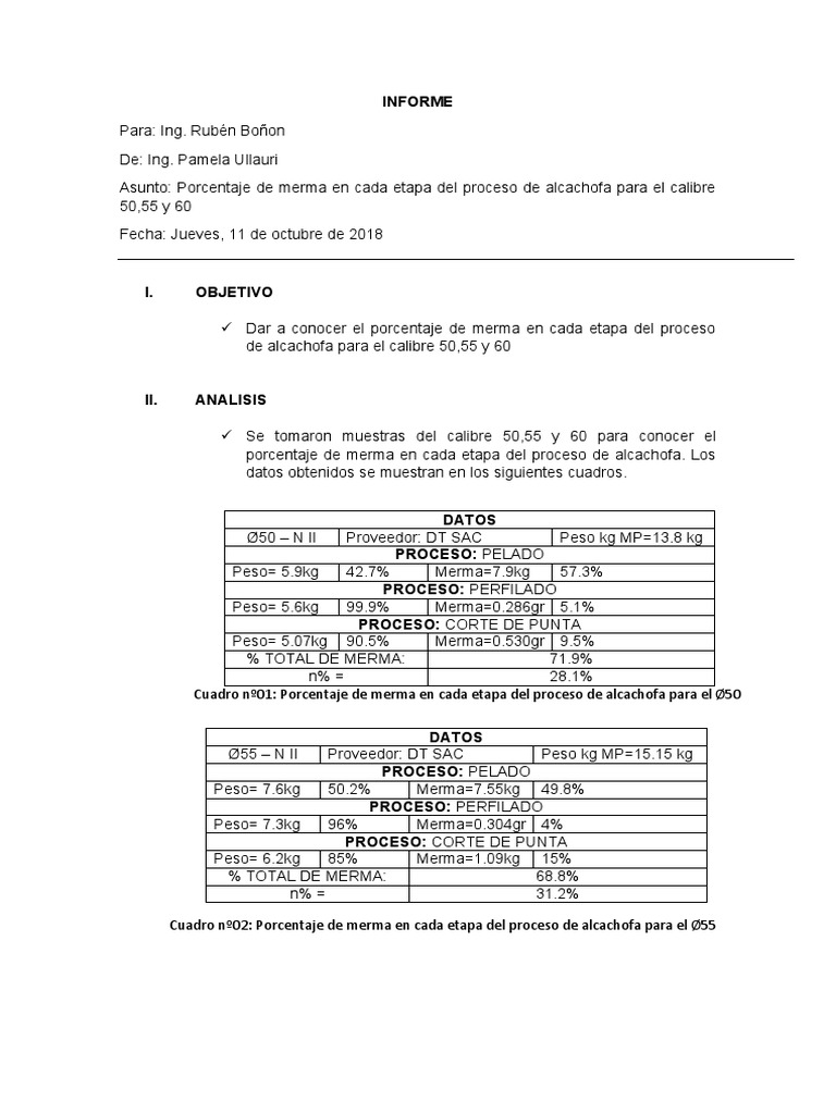 INFORME-merma Pelado, Perfilado y Corte | PDF | Vegetales