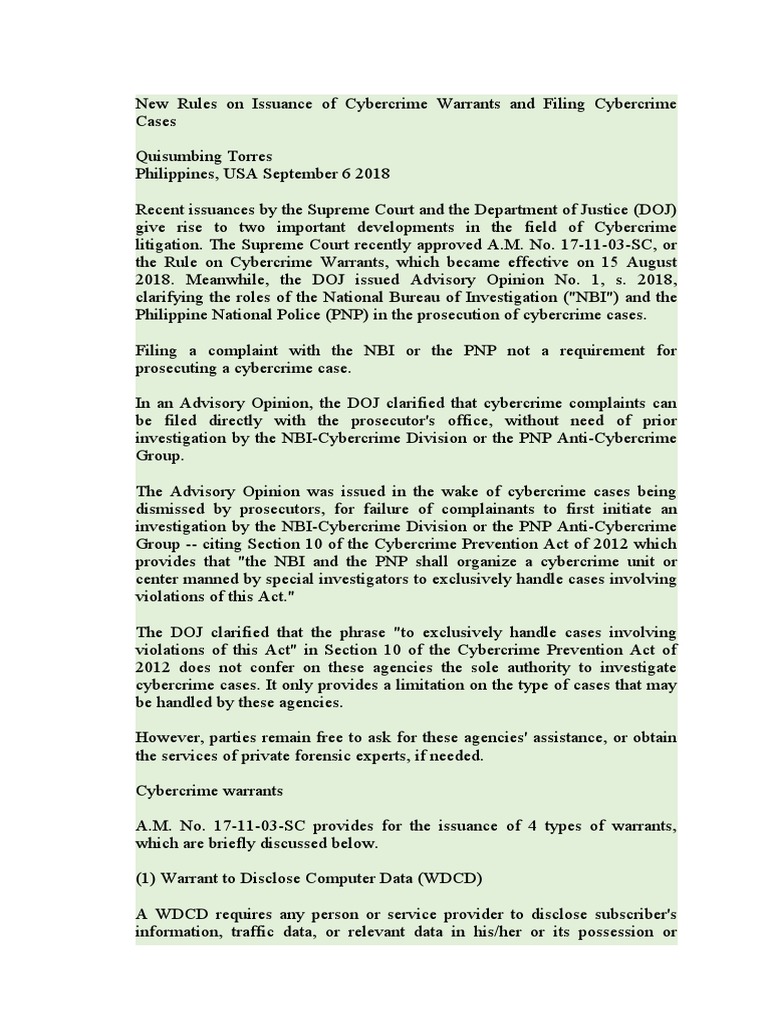 New Rules On Issuance of Cybercrime Warrants and Filing Cybercrime ...