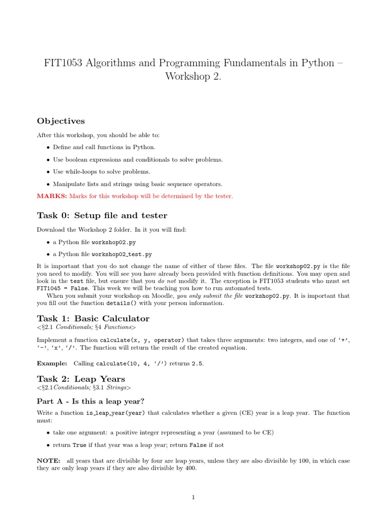 FIT1053 Algorithms and Programming Fundamentals in Python - Workshop 2 | PDF | Function ...