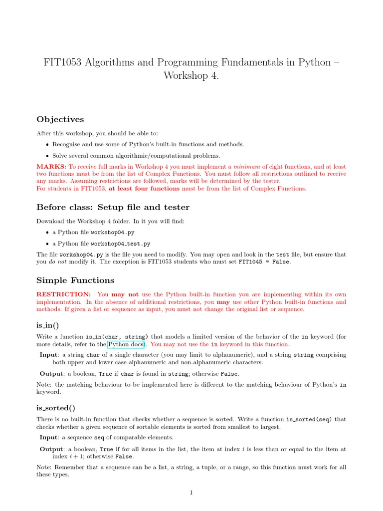 FIT1053 Algorithms and Programming Fundamentals in Python - Workshop 4 | PDF | Parameter ...