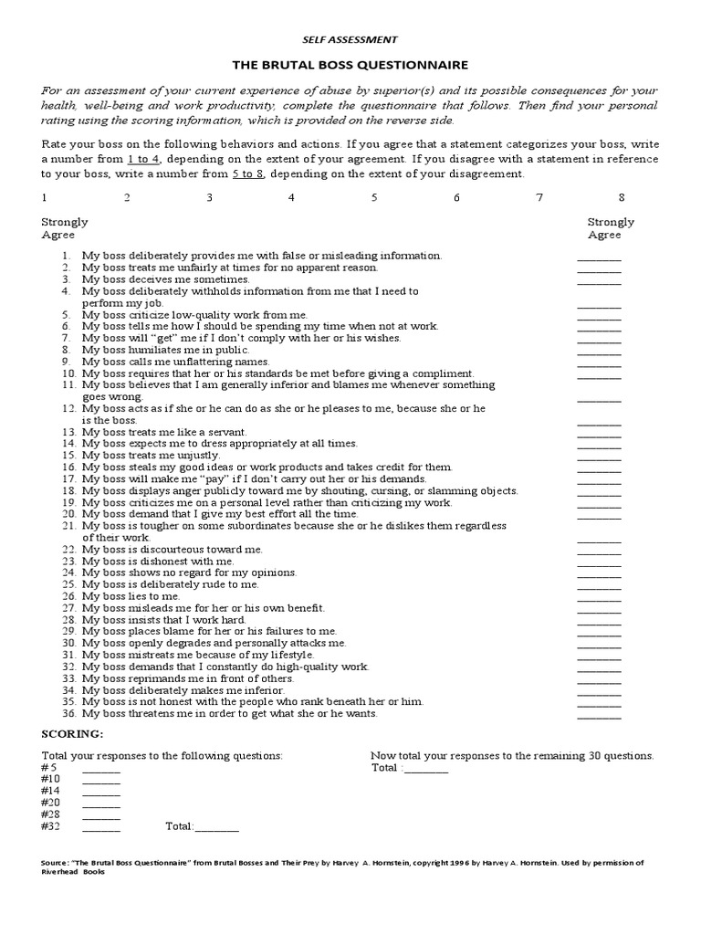 The Brutal Boss Questionnaire: Self Assessment | PDF | Psychology ...