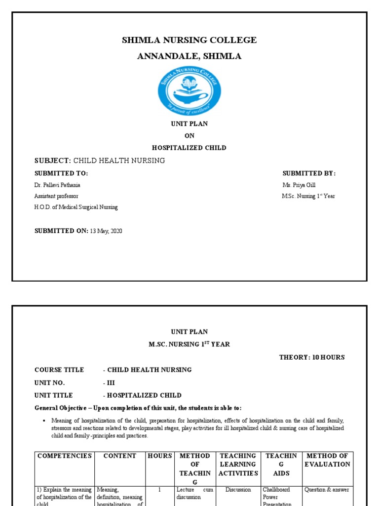 Unit Plan (3) Child Health Nursing | PDF | Stress (Biology) | Nursing