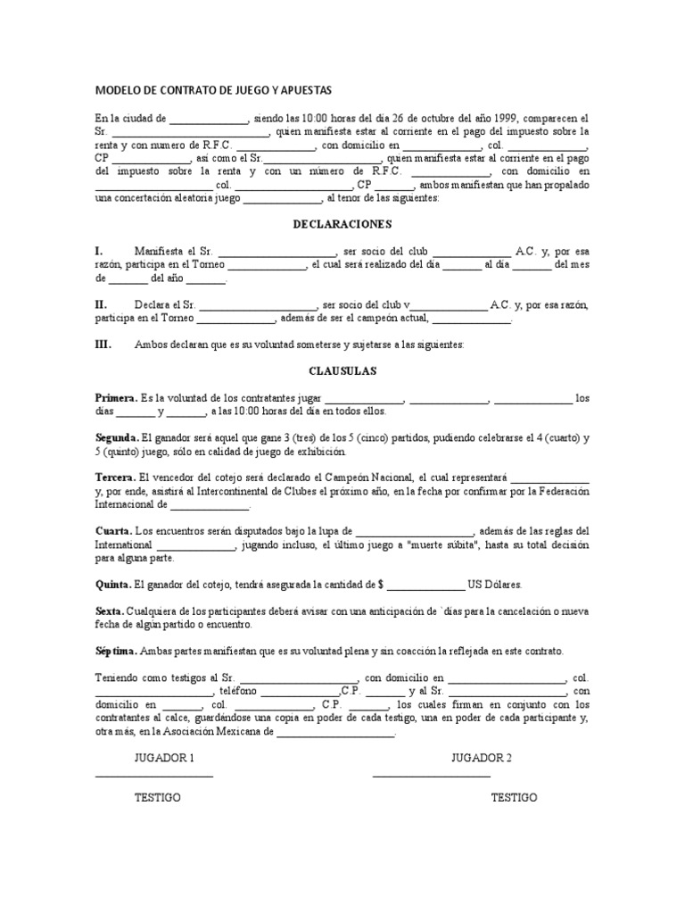 Modelo de Contrato de Juego y Apuestas | PDF | Deportes | Ocio