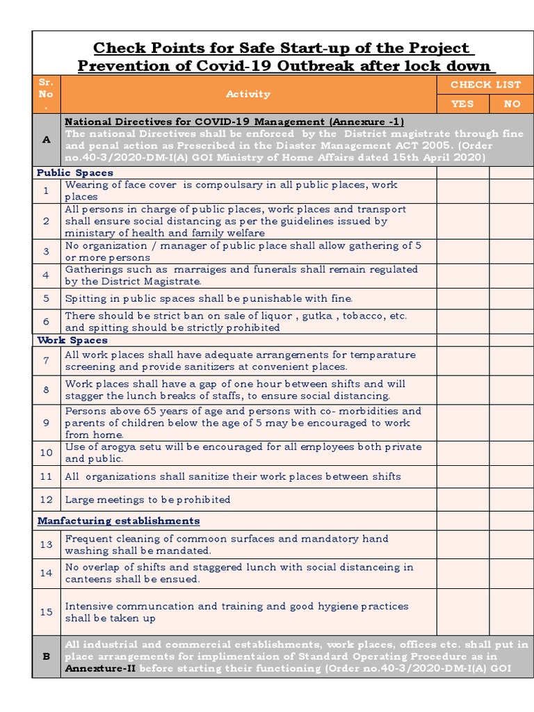 Check Points For Safe Start-Up of The Project Prevention of Covid-19 ...