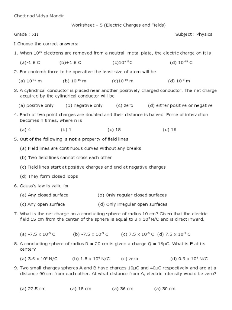 Electric Charges and Fields Worksheet | PDF | Science & Mathematics