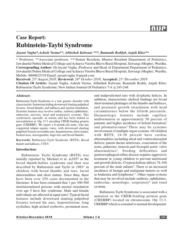 Rubinstein-Taybi Syndrome PDF | PDF | Diseases And Disorders | Genetics