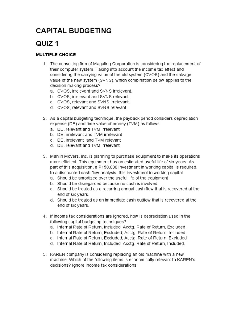 Capital Budgeting Quiz 1: Multiple Choice | PDF | Present Value ...
