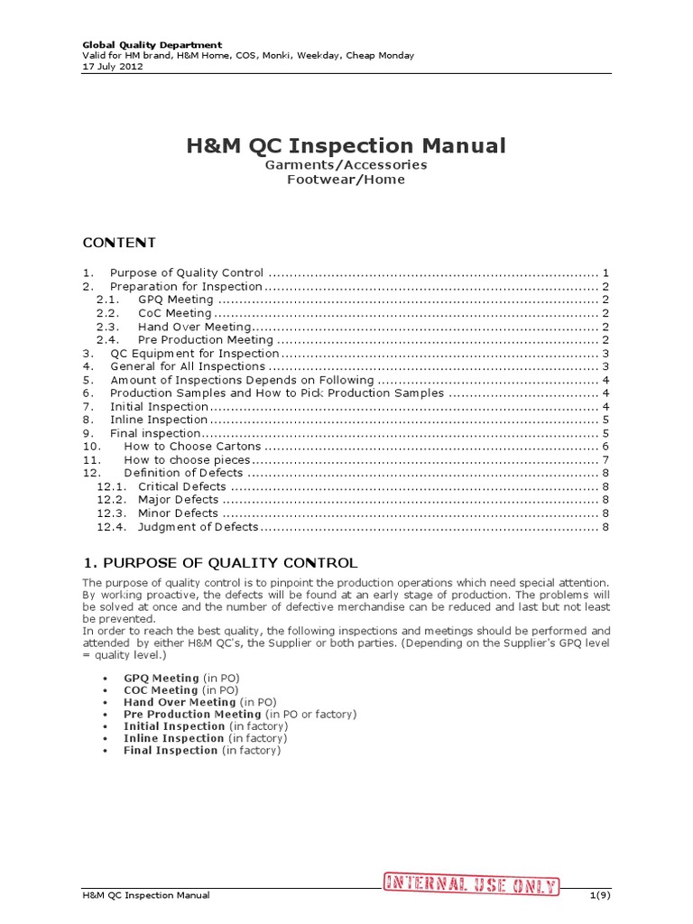 H&M QC Inspection Manual: Content | PDF | Packaging And Labeling ...