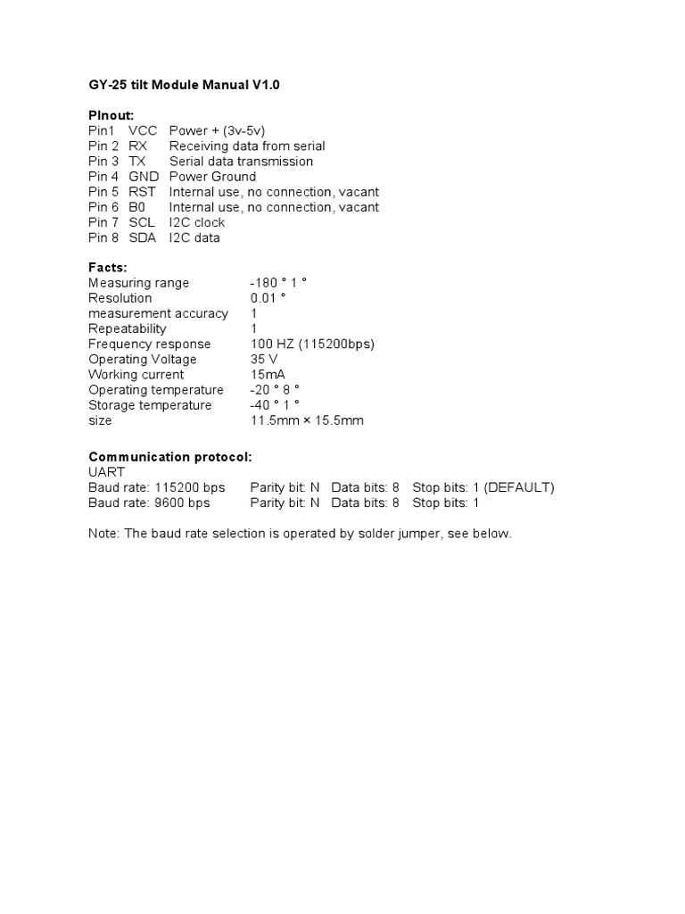 Gy-25 Tilt Module Manual V1.0 Pinout | PDF