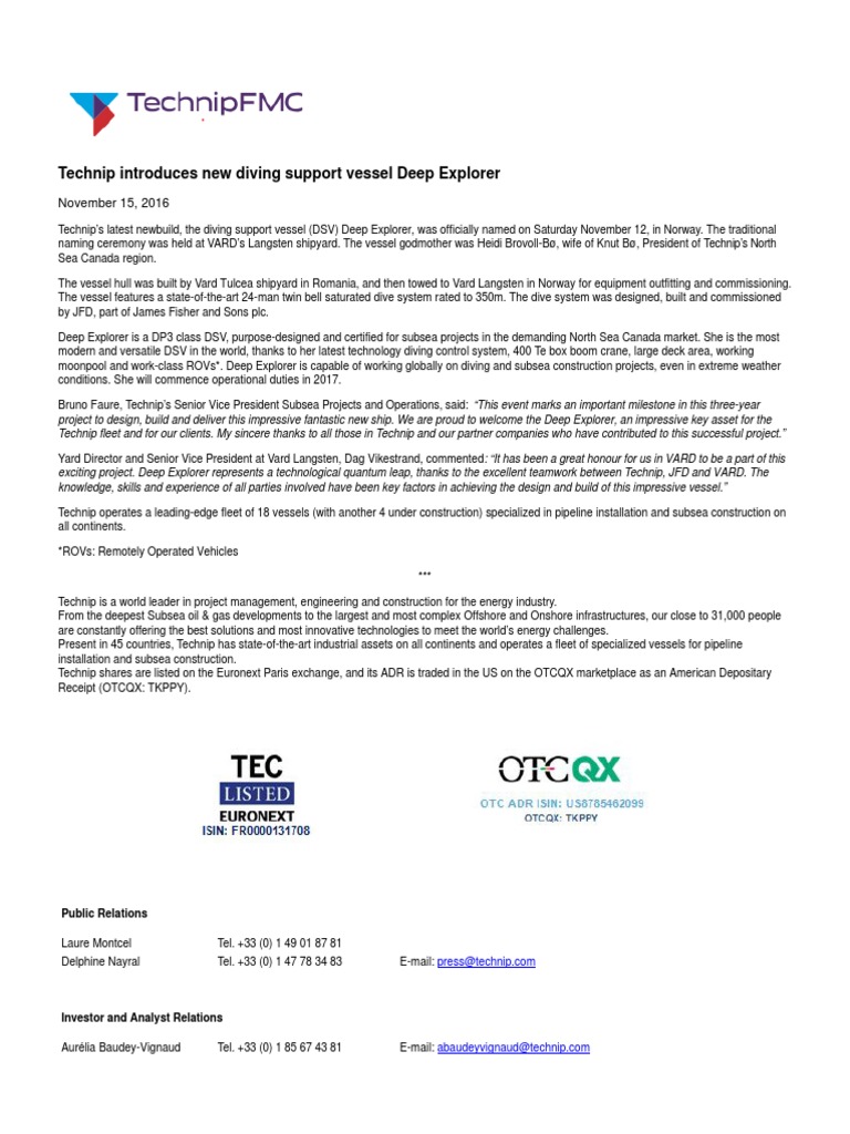 Technip Introduces New Diving Support Vessel Deep Explorer PDF | PDF ...
