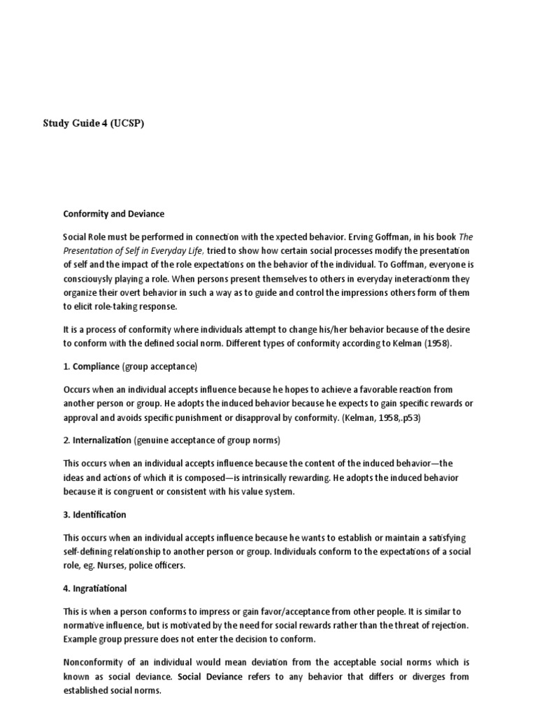Study Guide 4 (UCSP) : Conformity and Deviance | PDF | Kinship | Family