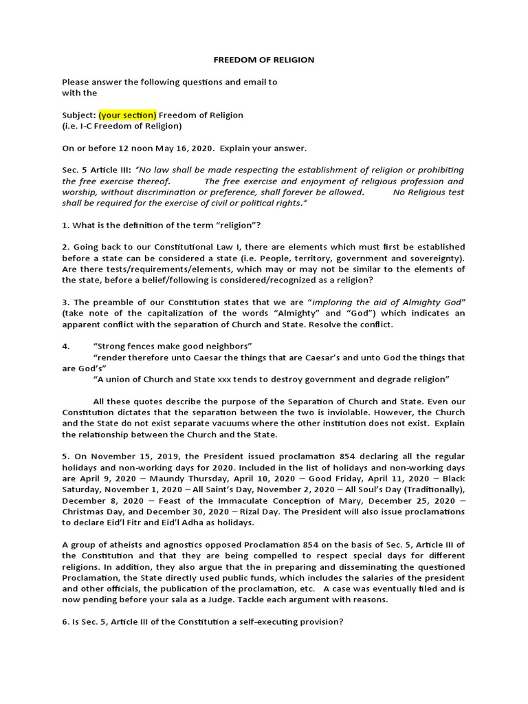 Freedom of Religion | PDF | Separation Of Church And State | Freedom Of ...