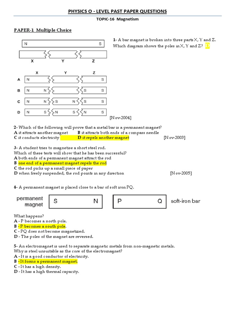 Level Past Paper Questions - Physics O: TOPIC-16 Magnetism PAPER-1 ...
