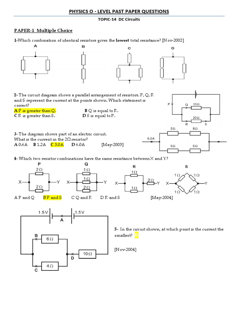 Level Past Paper Questions - Physics O: TOPIC-14 DC Circuits PAPER-1 ...
