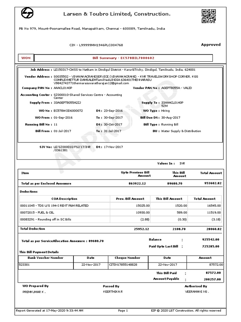 Larsen & Toubro Limited, Construction.: Bill Summary - EC578BIL7000602 ...
