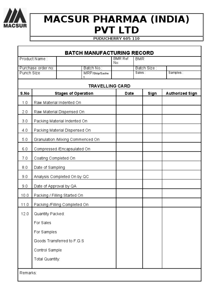 Batch Manufacturing Record Template | PDF