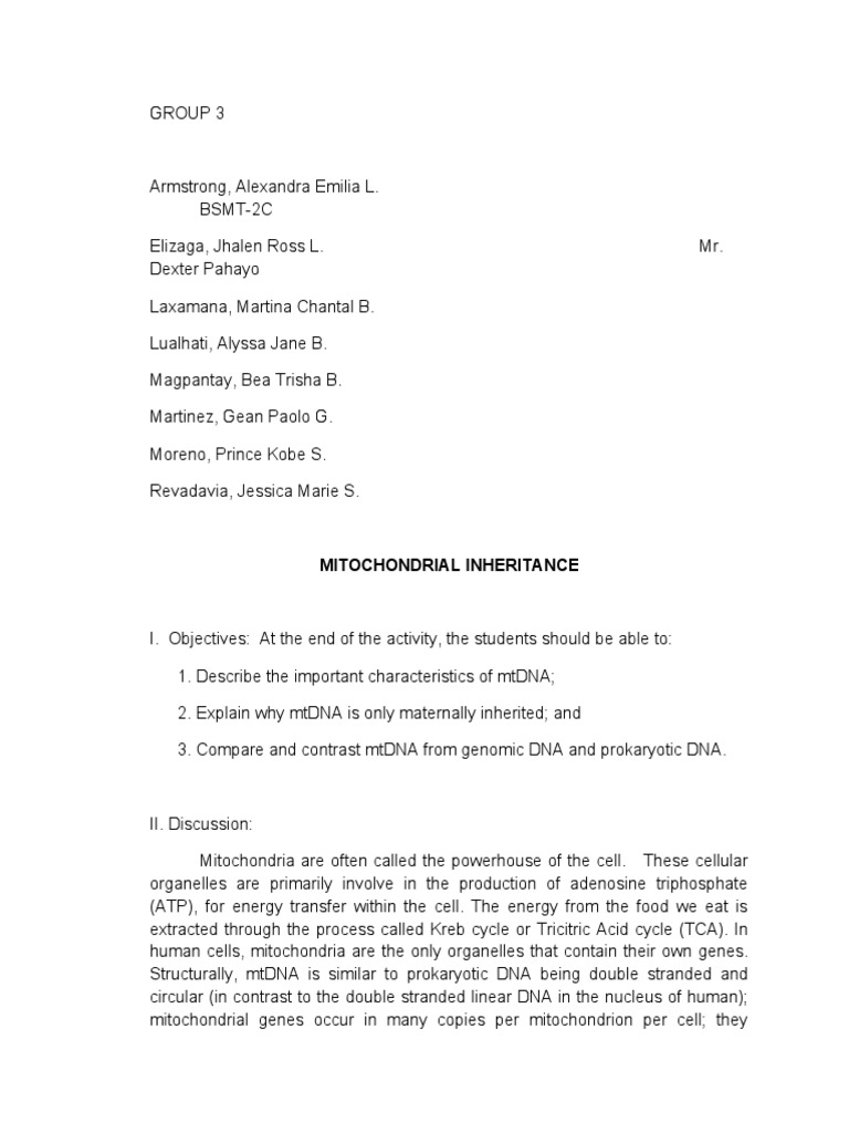 Genetics Lab - MITOCHONDRIAL INHERITANCE | PDF | Mitochondrial Dna ...