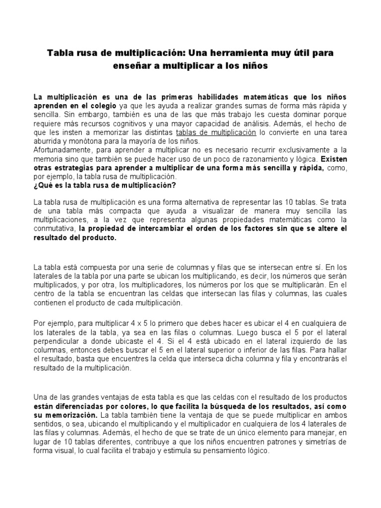 Tabla Rusa de Multiplicación | PDF | Multiplicación | Memoria