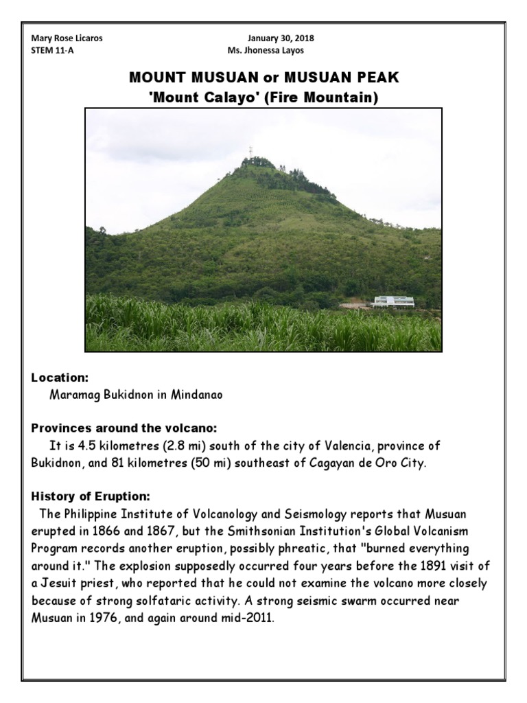 Mount Musuan or Musuan Peak 'Mount Calayo' (Fire Mountain) : Location | PDF