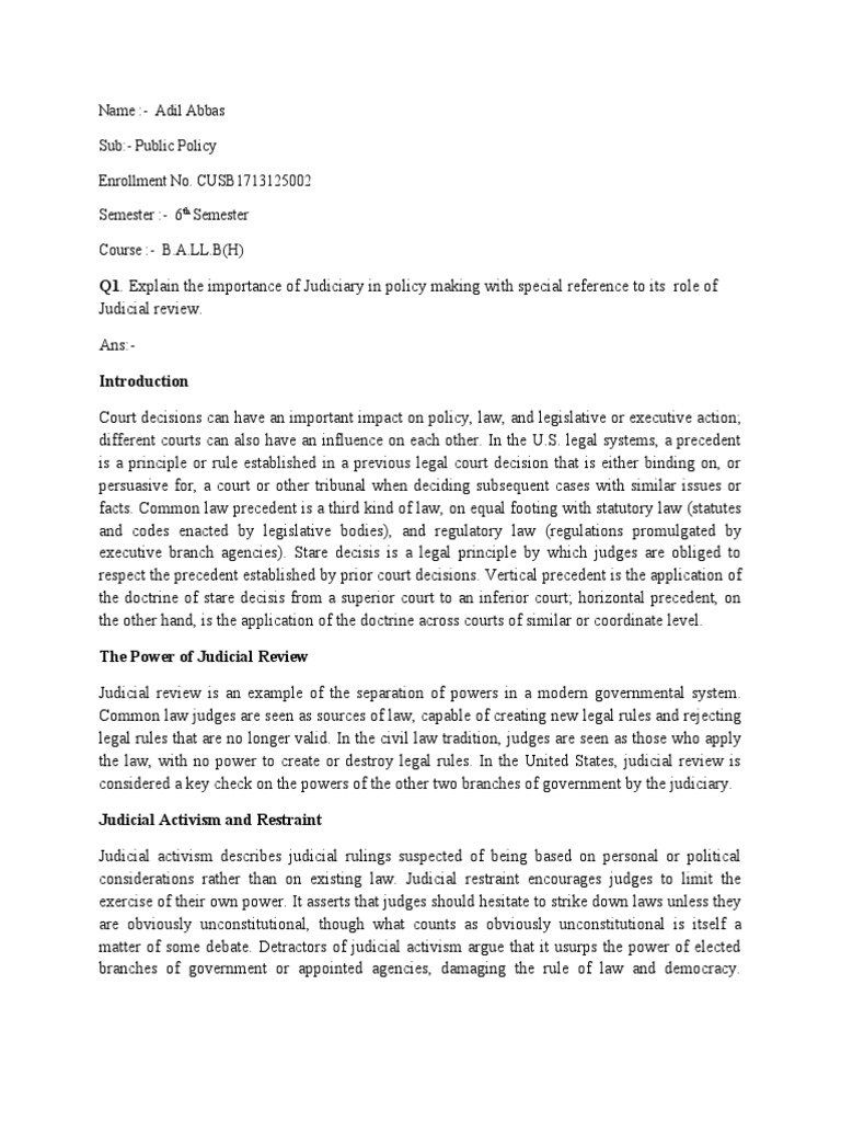 Q1. Explain The Importance of Judiciary in Policy Making With Special ...