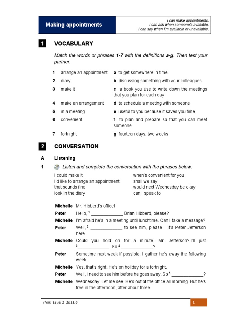 Vocabulary: Making Appointments 1 | PDF | Linguistics | Cognitive Science