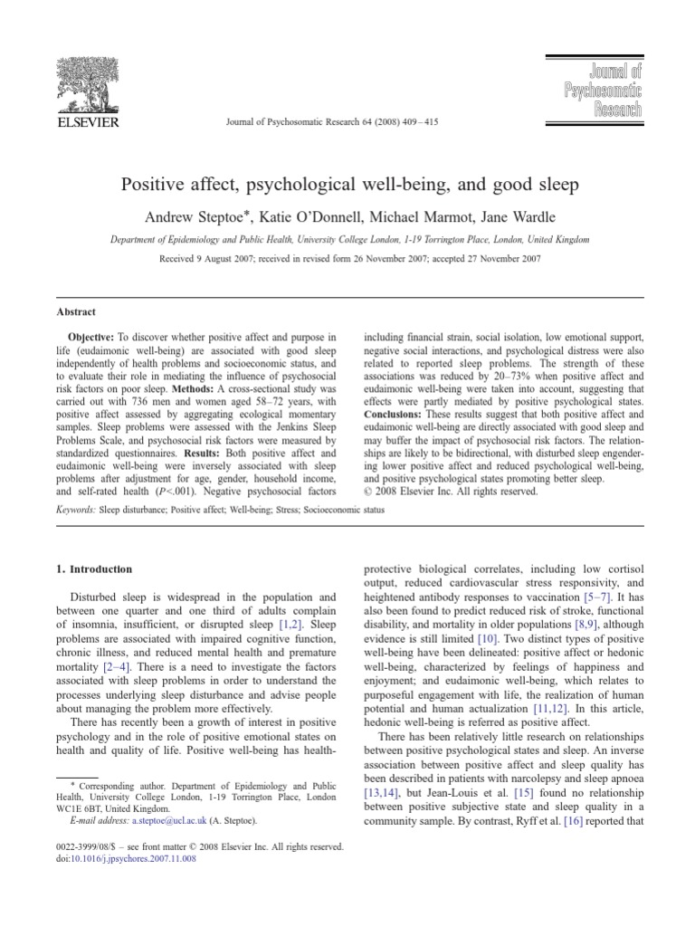 Positive Affect, Psychological Well-Being, and Good Sleep: Andrew ...