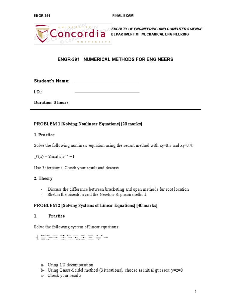 Numerical Methods for Engineers: Solving Nonlinear Equations, Systems of Linear Equations ...