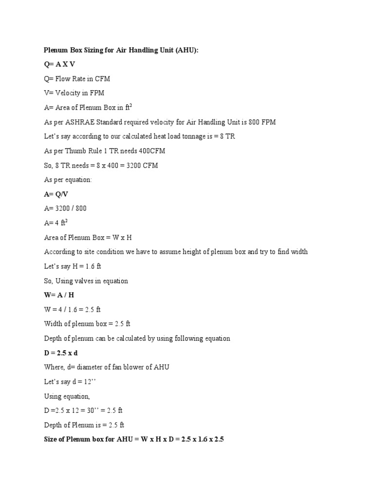 Plenum Box Sizing For Air Handling Unit (AHU) : Q Axv | PDF