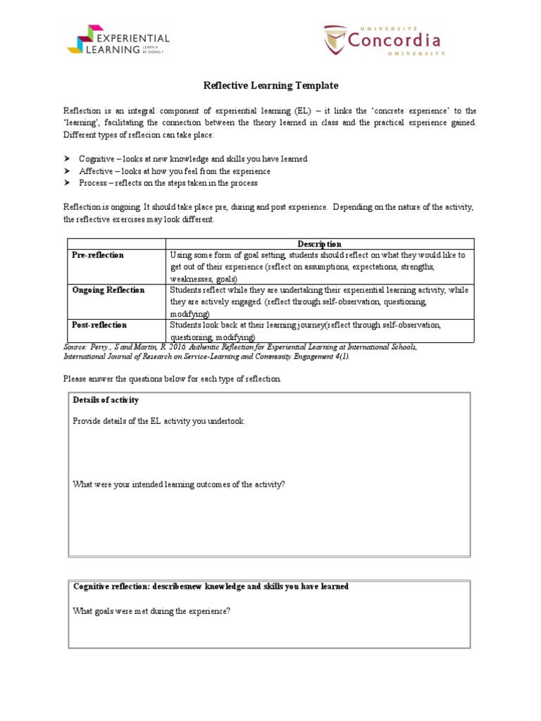 Reflective Learning Template: Description Pre-Reflection | PDF ...
