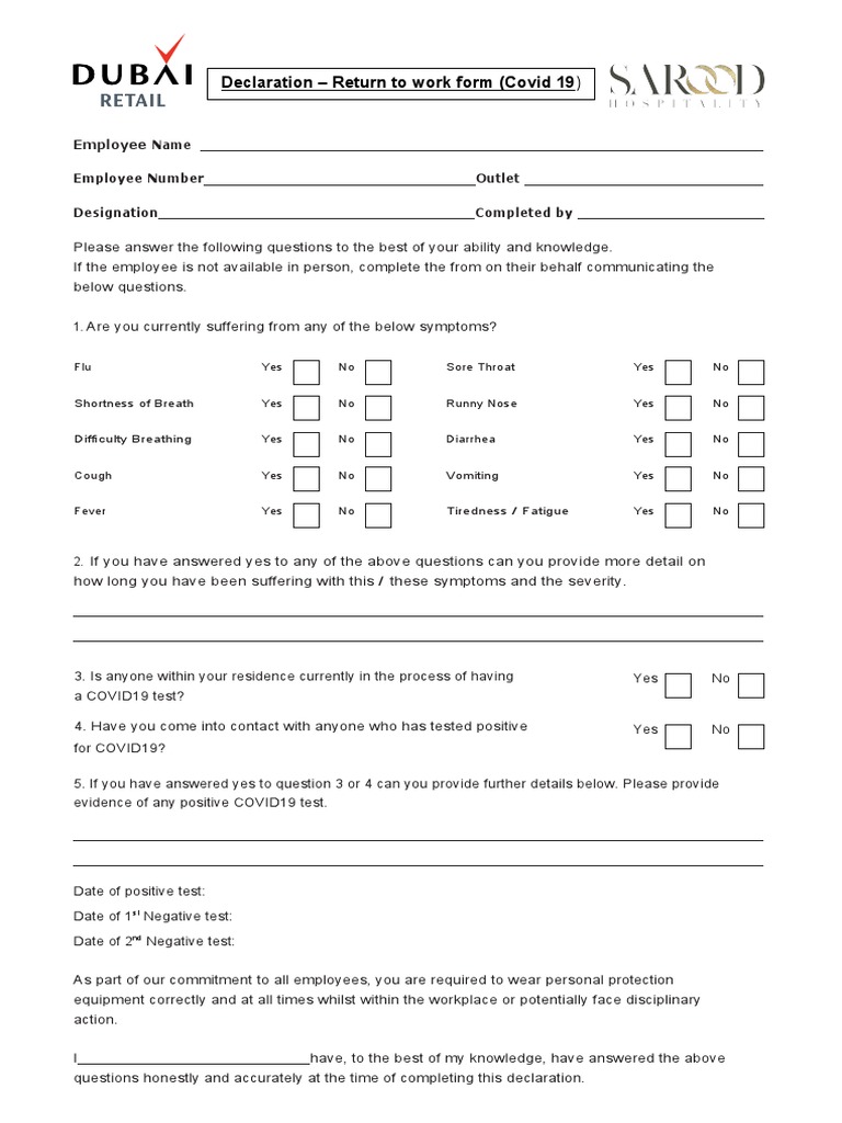 COVID-19 Return to Work Form | PDF