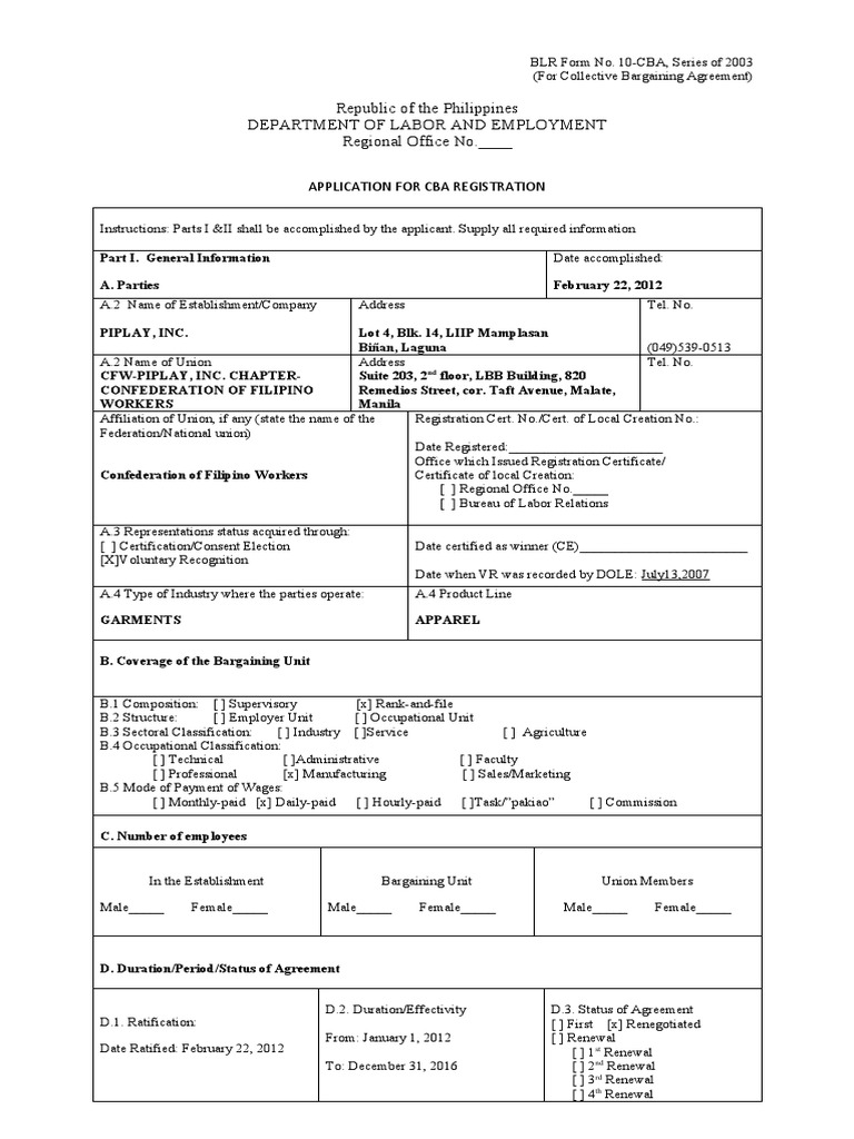 Application For CBA Registration (BLR Form No. 10-CBA, S 2003) | PDF ...