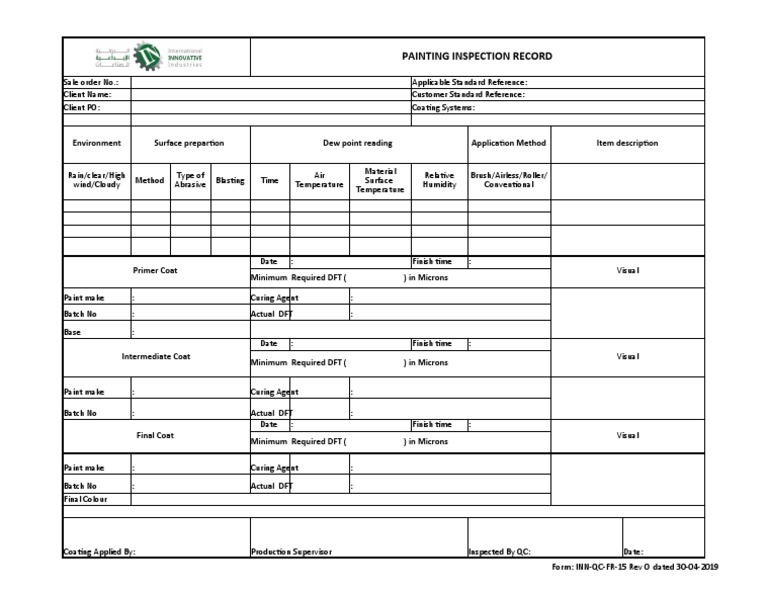 INN-QC-FR-15 Painting Record | PDF | Paint | Economic Sectors