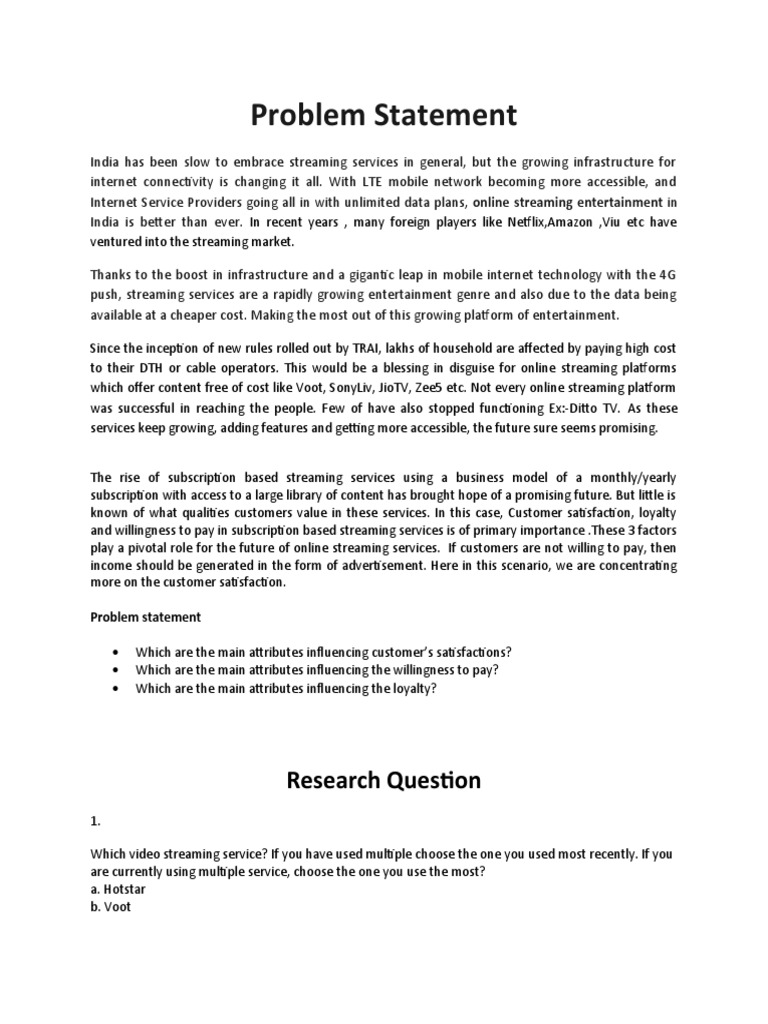 Problem Statement: Research Question | PDF | Streaming Media | Customer ...