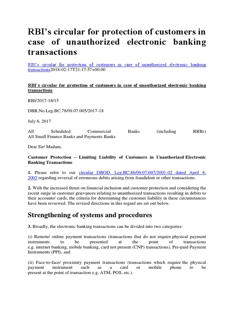 RBI Guidelines on Customer Protection in E-Banking | PDF