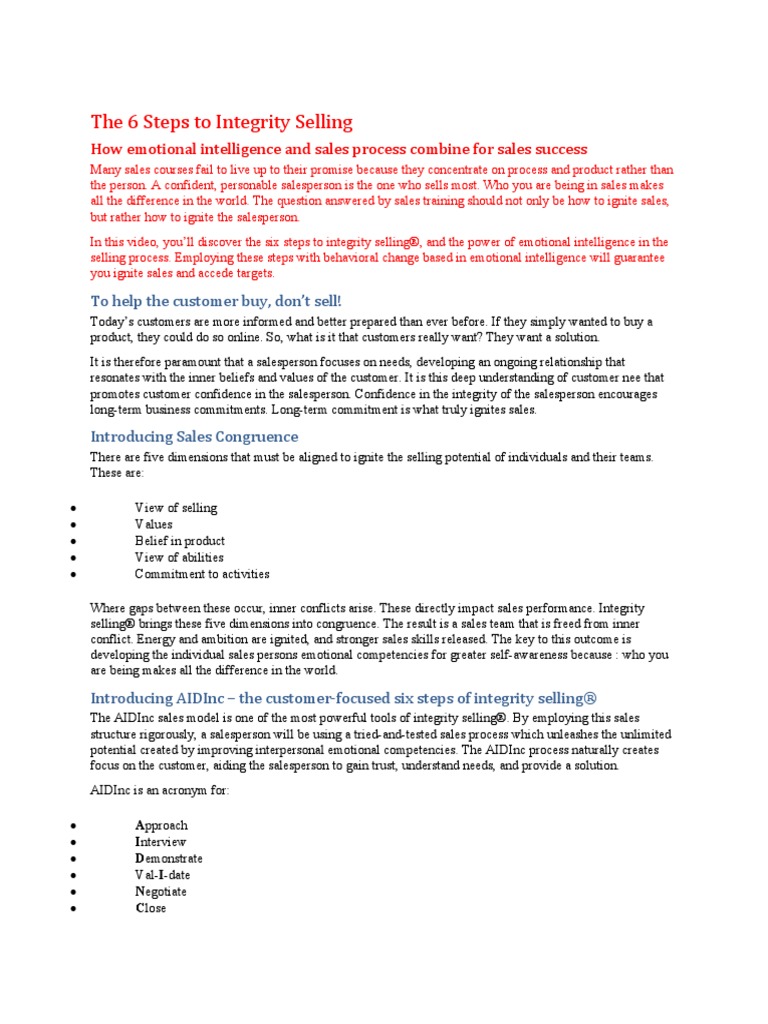 The 6 Steps To Integrity Selling: How Emotional Intelligence and Sales ...