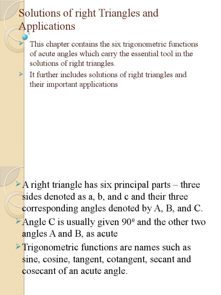 Solutions of Right Triangles and Applications | PDF | Trigonometric ...