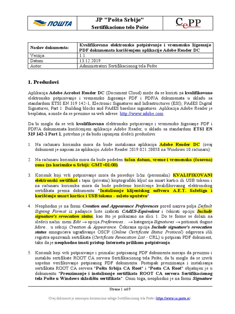 Potpisivanje PDF Dokumenata Sa Adobe Reader DC v1.1 PDF | PDF