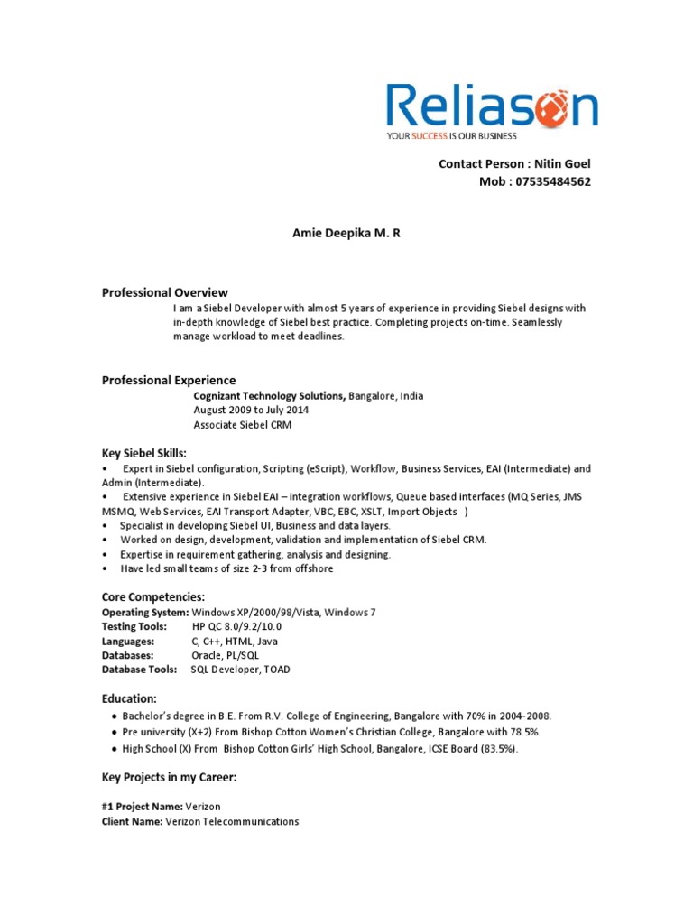 Siebel Developer Resume | PDF | Scripting Language | Databases Siebel Developer Resume | PDF | Scripting Language | Databases