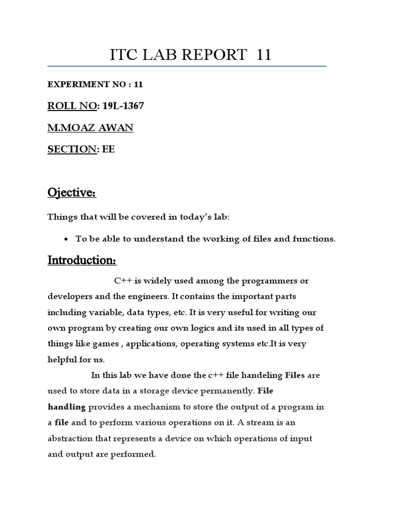 Itc Lab Report 11: Ojective | PDF | C++ | Input/Output