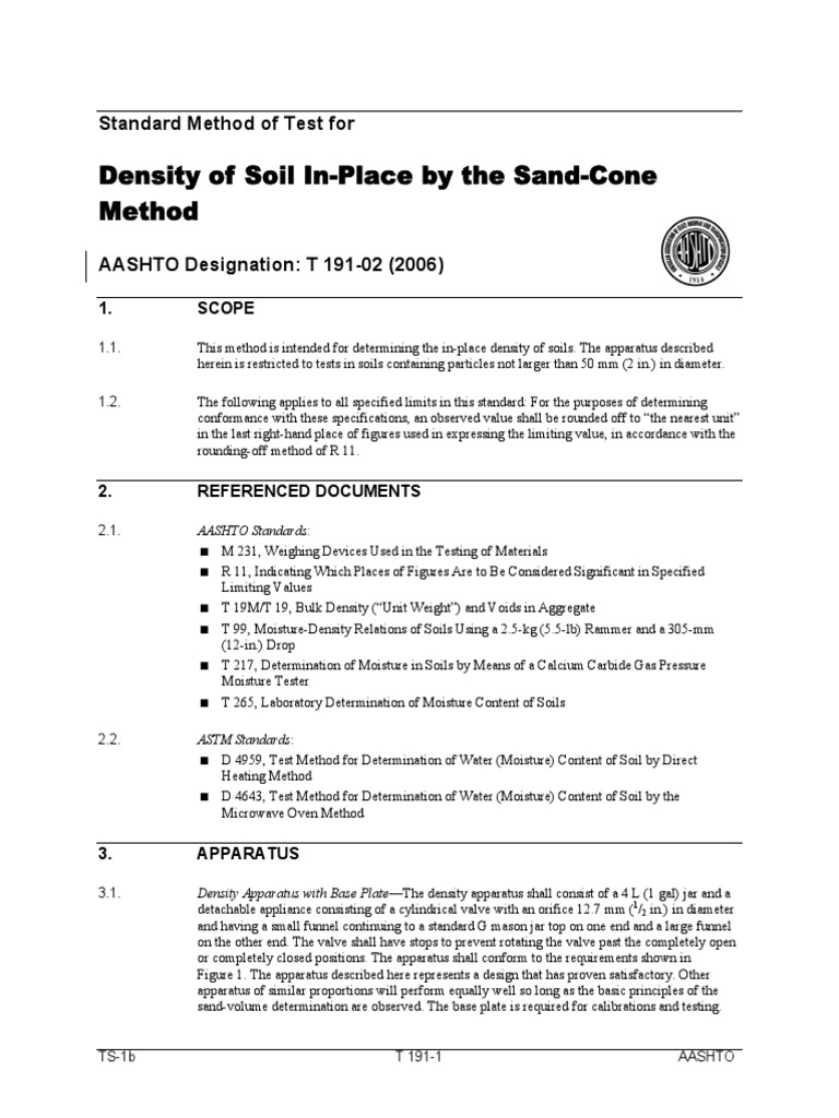 AASHTO T 191-2002 R2006 Density of Soil In-Place by The Sand-Cone ...