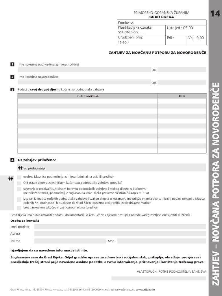 Zahtjev Novcana Novorodjence | PDF