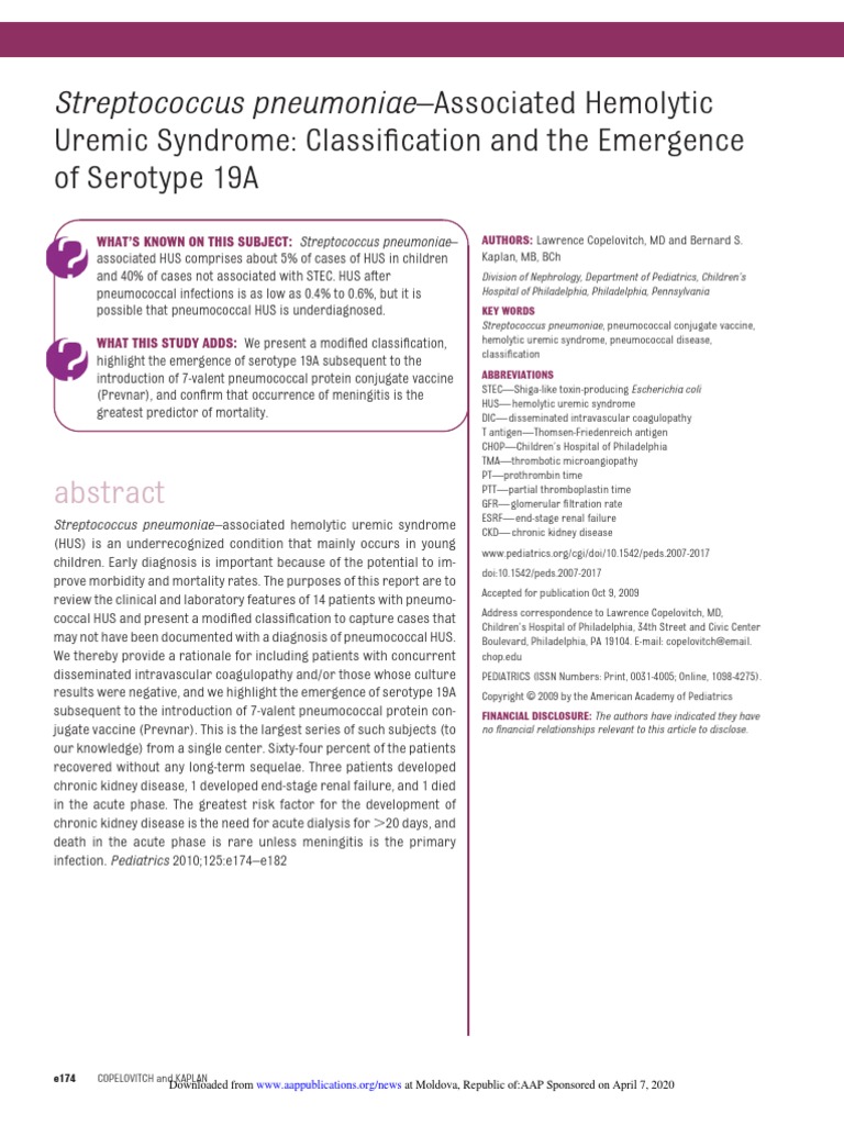 Streptococcus Pneumoniae Associated Hemolytic | PDF | Renal Function ...