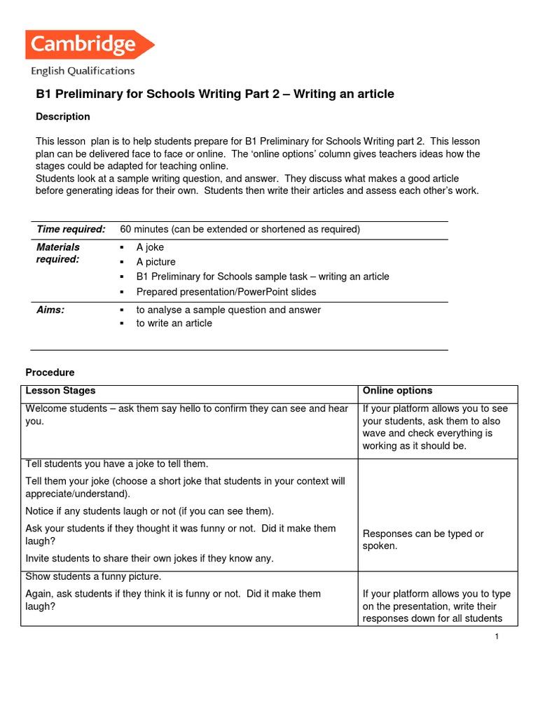 B1 Preliminary For Schools Writing Part 2 - Writing An Article | PDF ...
