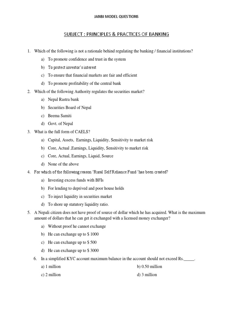 JANBI Model Questions - Principles & Practices of Banking - 0 | PDF ...