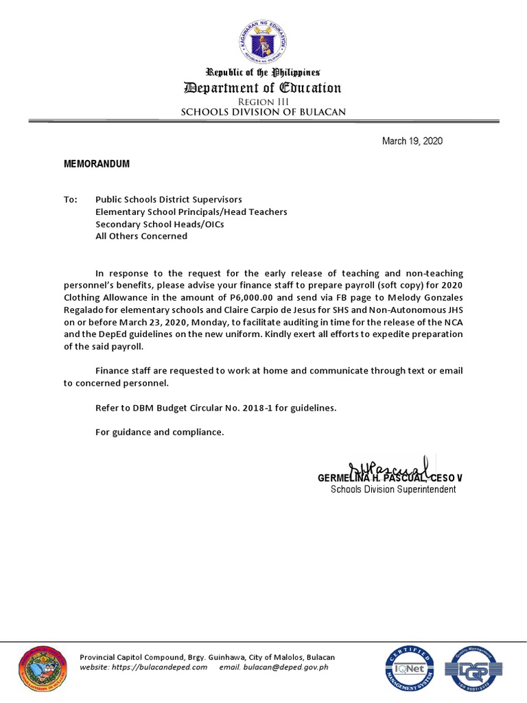 Memo Clothing Allowance | PDF